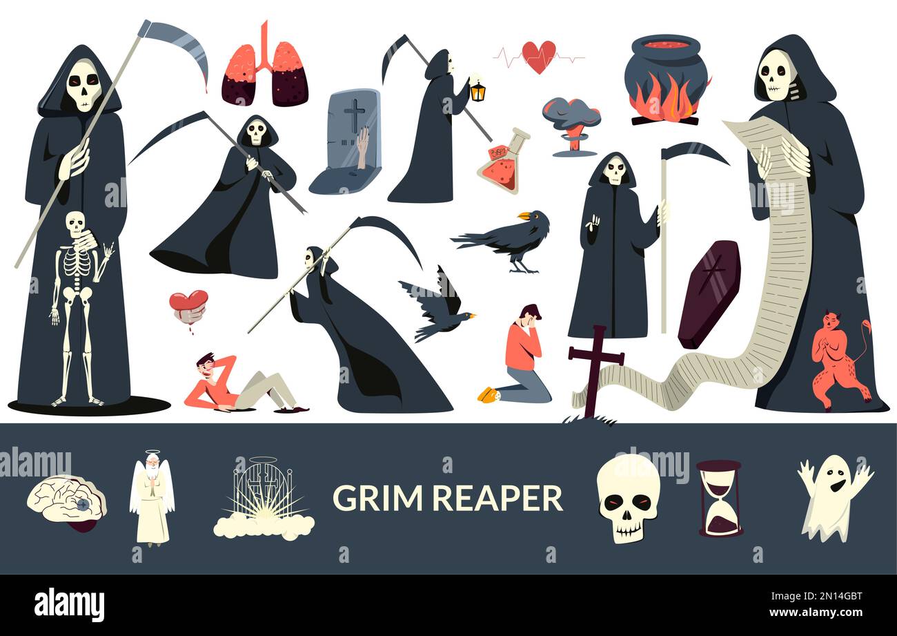 Grim reaper flat set including skeleton skull black raven grave ghost ...
