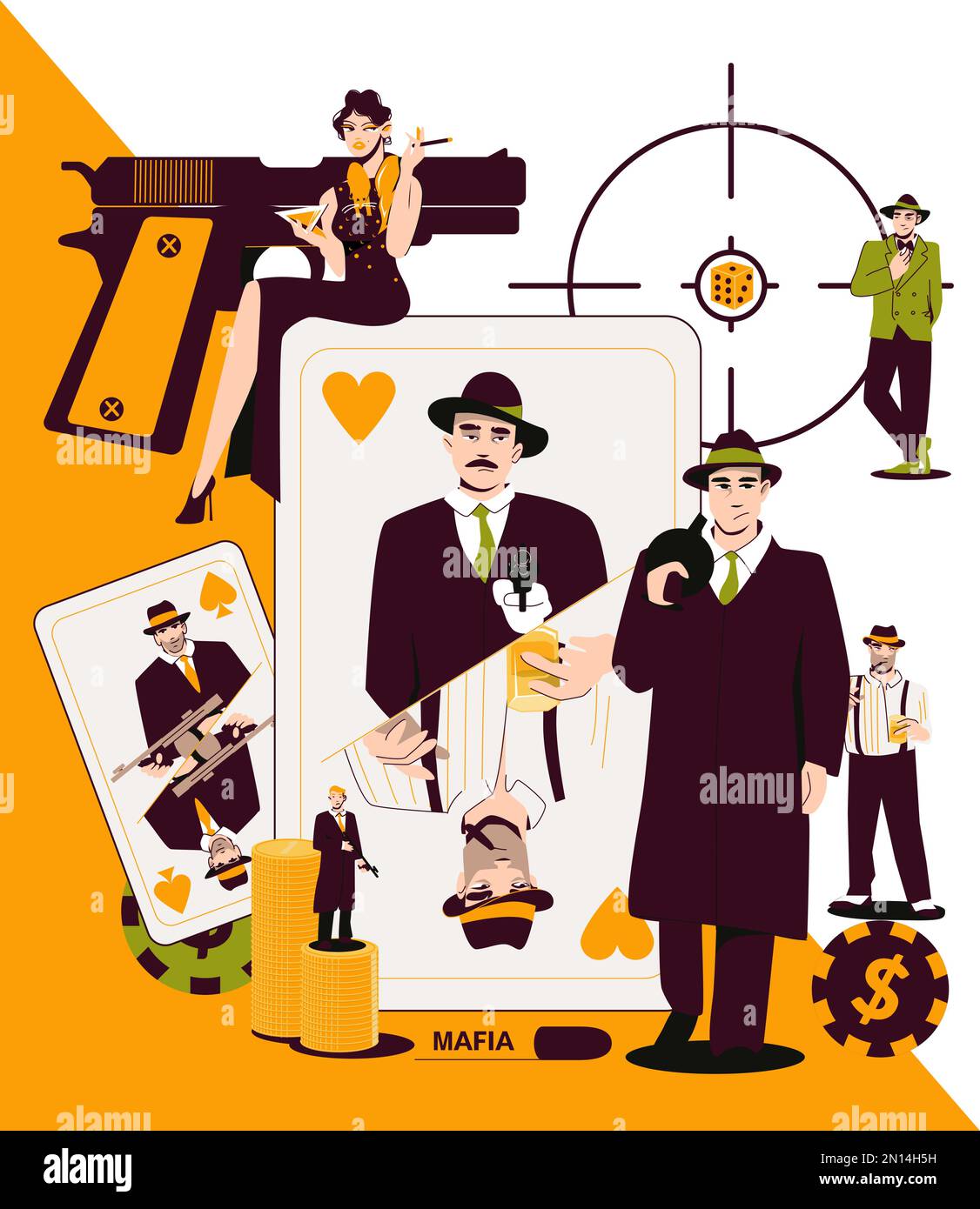 Mafia flat background with elements of casino attributes gun and people ...