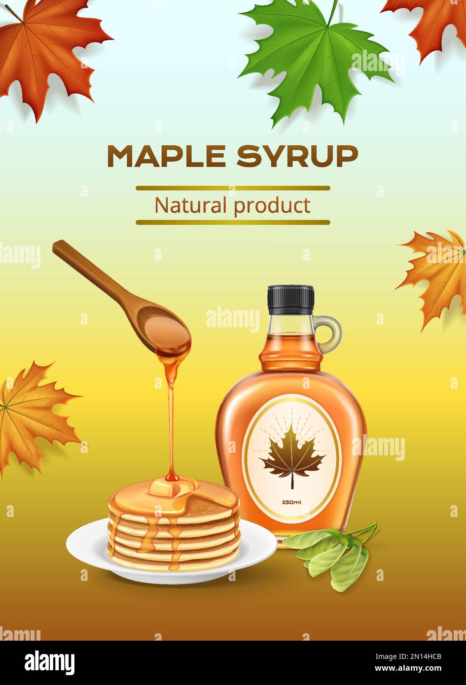 Maple syrup natural product realistic composition with bottle autumn ...