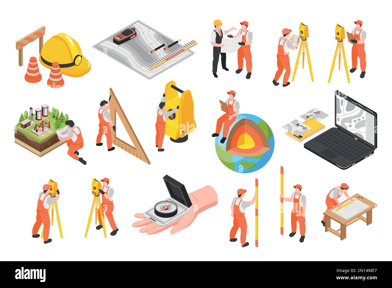 Isometric engineer surveyor icons set with man in working suit and land measuring tools isolated ...
