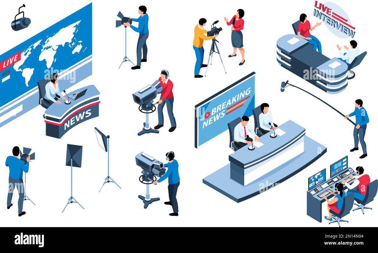 Isometric set of tv studio interior elements cameramen newscasters at ...