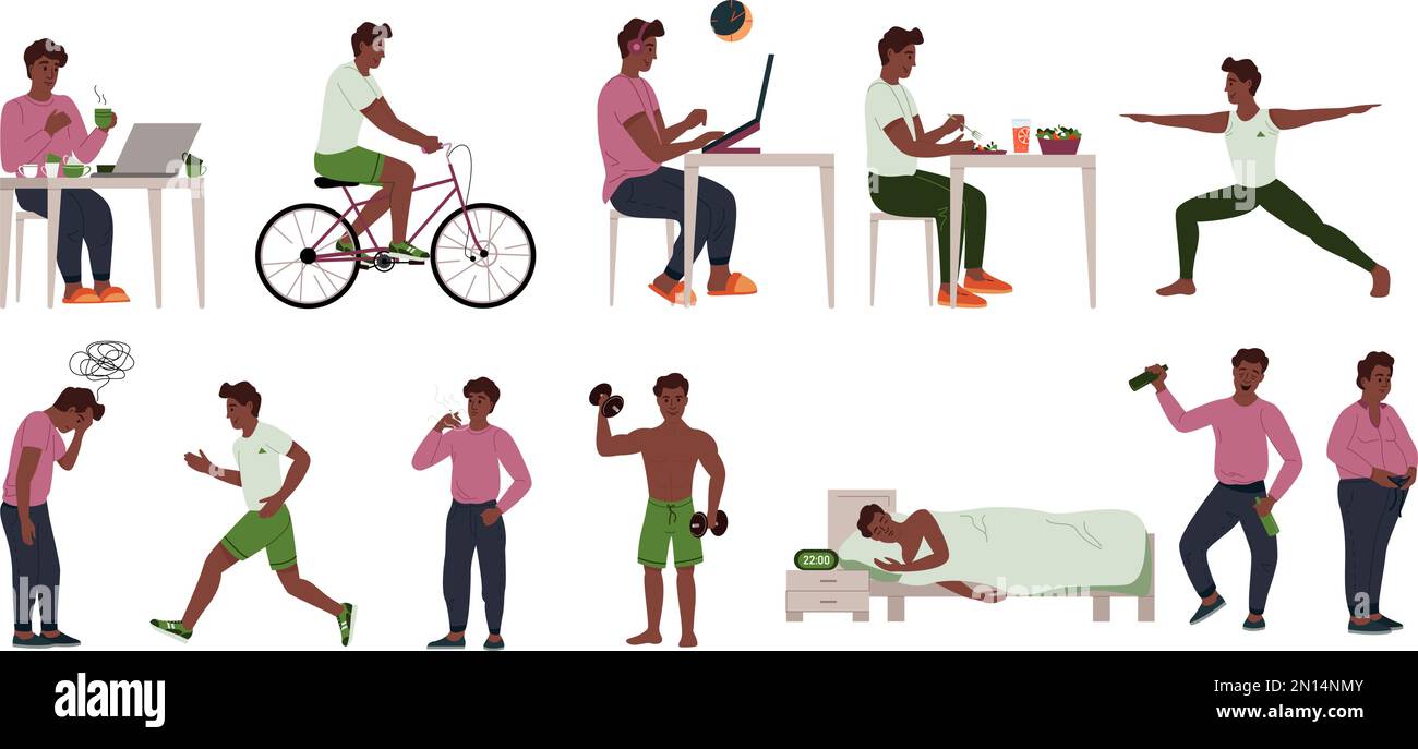 Man healthy lifestyle flat recolor set of isolated male characters ...