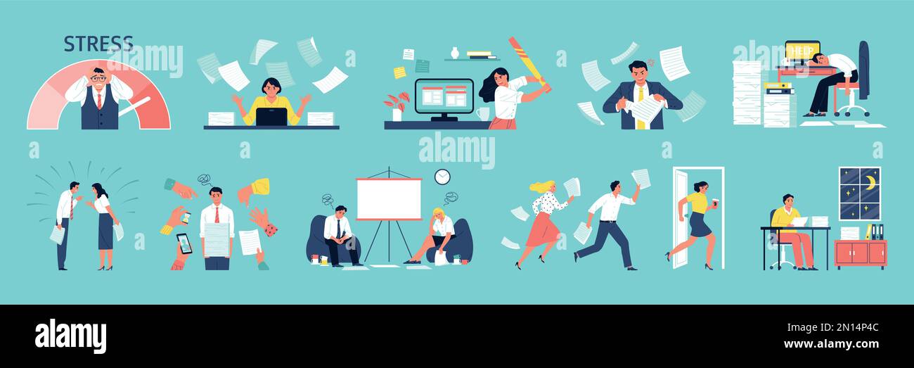 Business stress and burnout symptoms flat icons set isolated vector ...