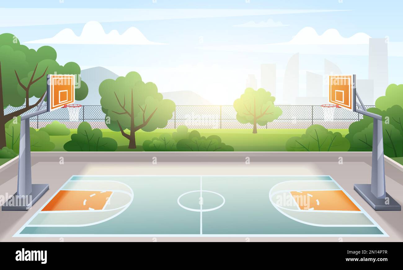Empty outdoor urban basketball court on background with green trees and ...