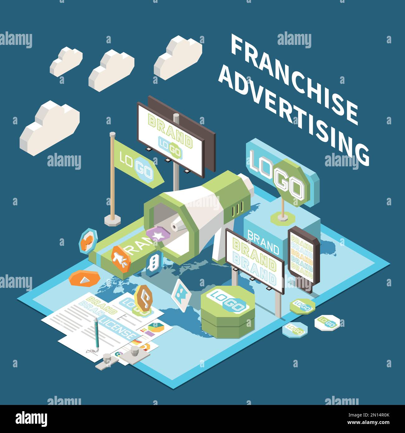 Franchise advertising isometric composition with elements promoting ...