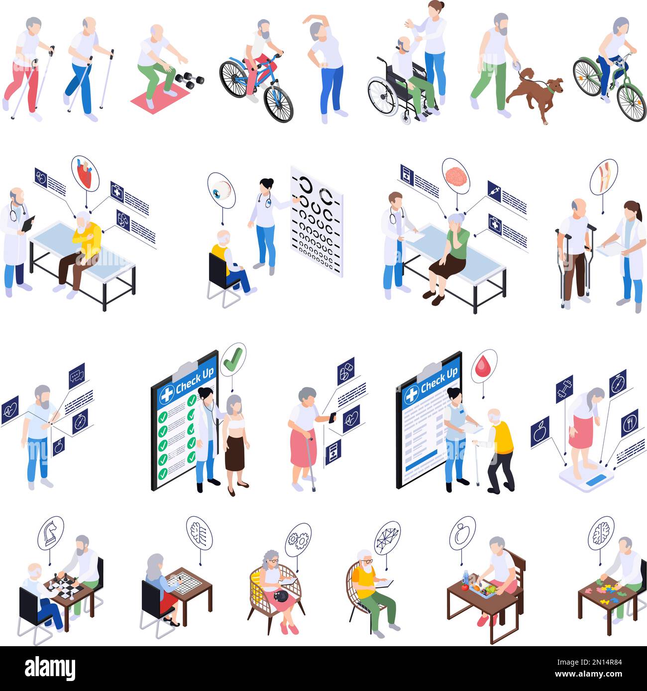 Set with isolated senior healthcare healthy aging isometric images with ...