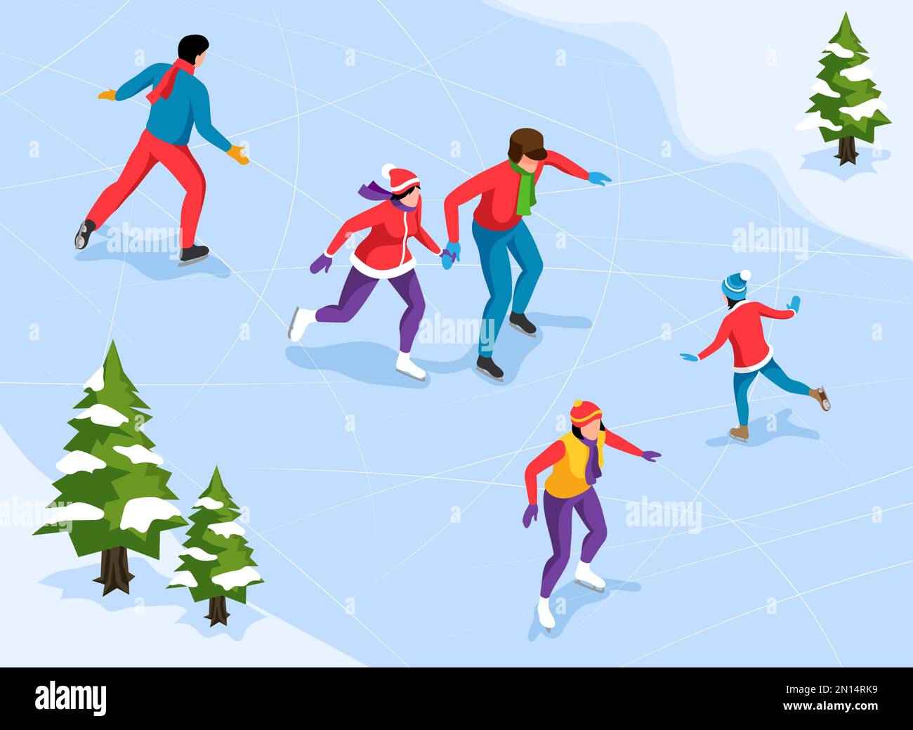Adults and children skating on outdoor ice rink 3d isometric vector ...