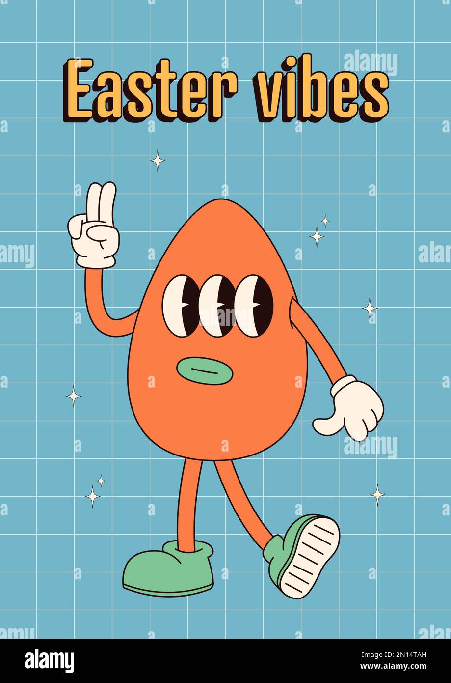 Groovy hippie Happy Easter posters. Easter eggs. Vector card in trendy ...