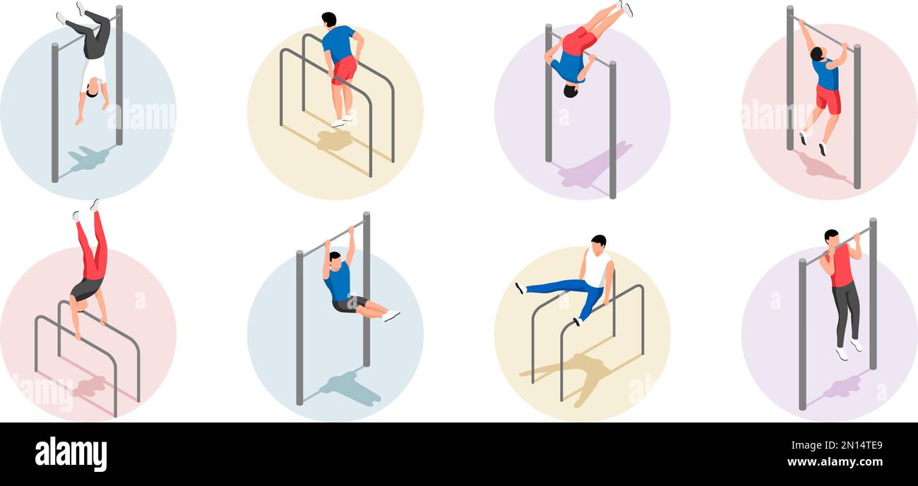 Set of isometric compositions with male human characters doing workout ...
