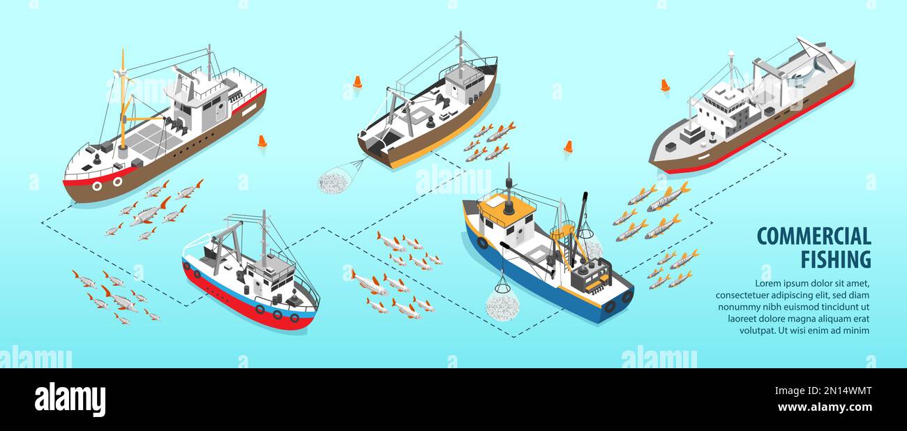 Isometric infographics with commercial fishing boats and fish shoals on ...