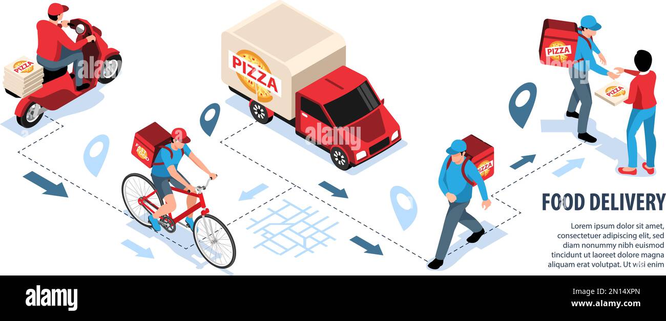 Food delivery isometric infographics with couriers delivering pizza 3d ...