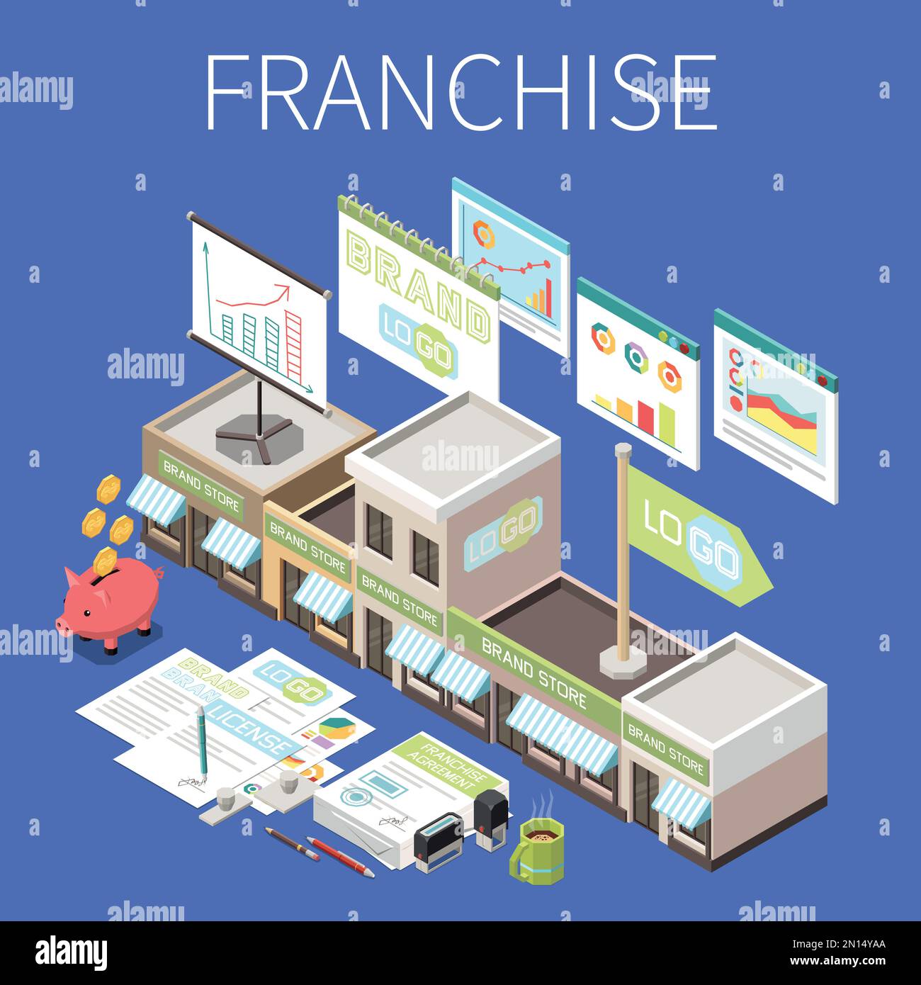Business opened by franchise isometric background with profitable ...