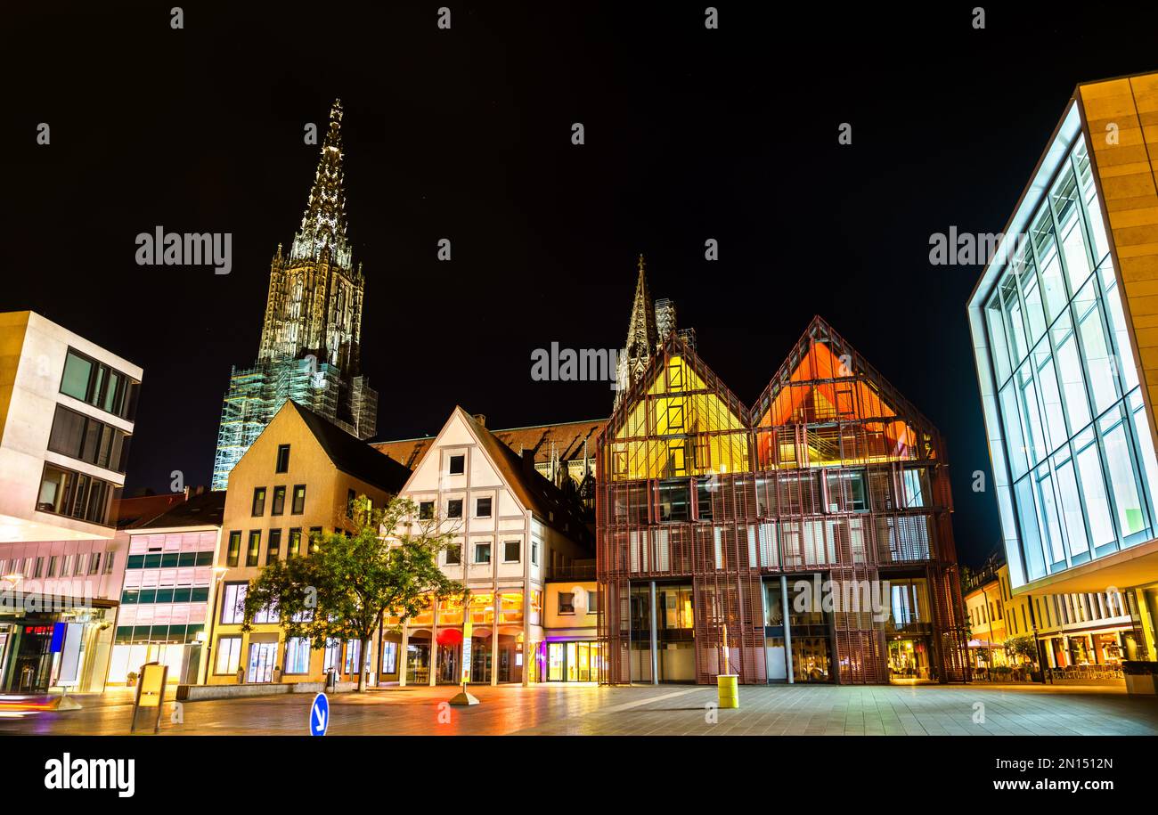 Old town of Ulm with houses and Cathedral in Germany at night Stock ...