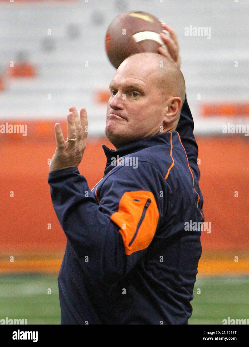 Syracuse head coach Scott Shafer tosses the football before an NCAA ...