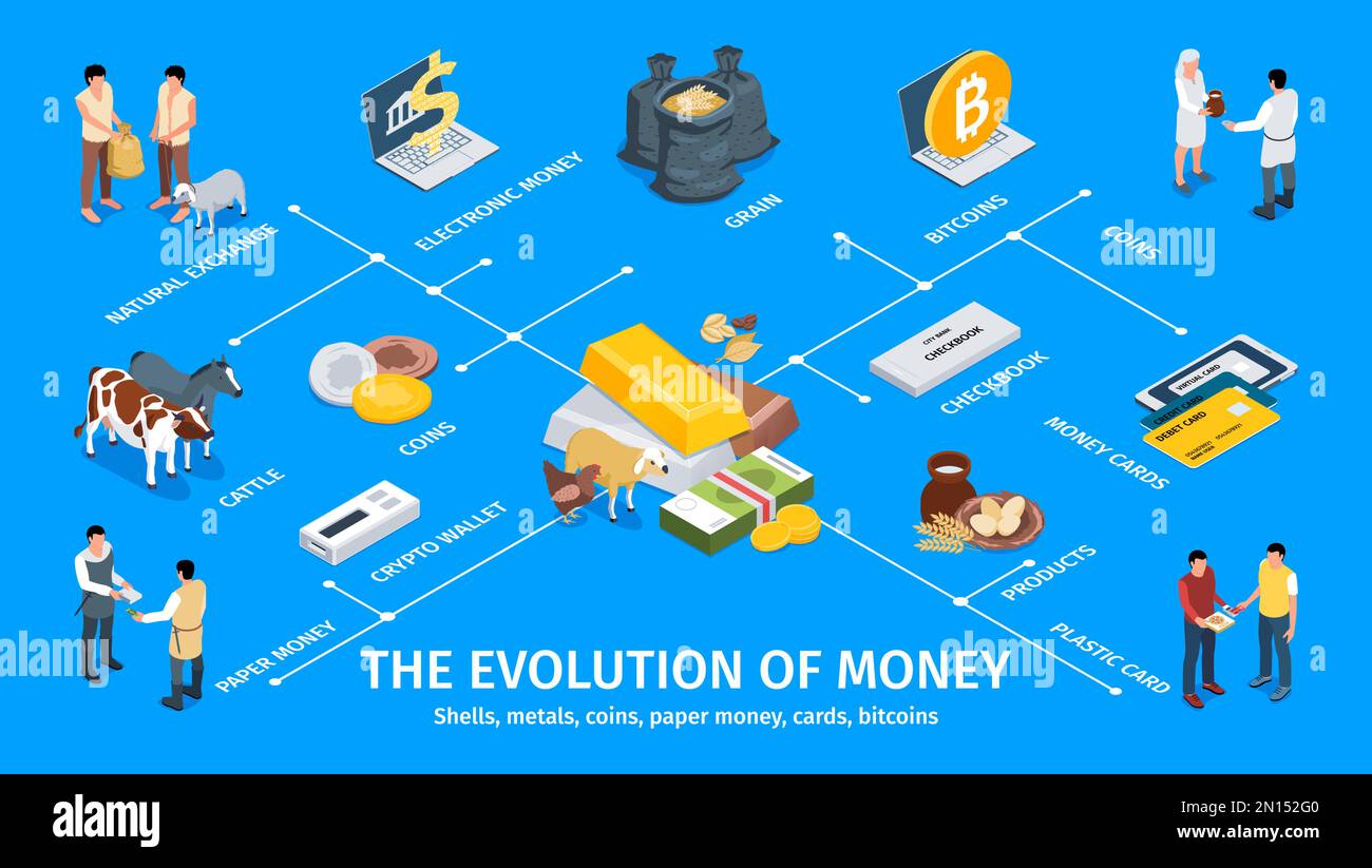Evolution of money infographics with cattle grain paper money crypto ...