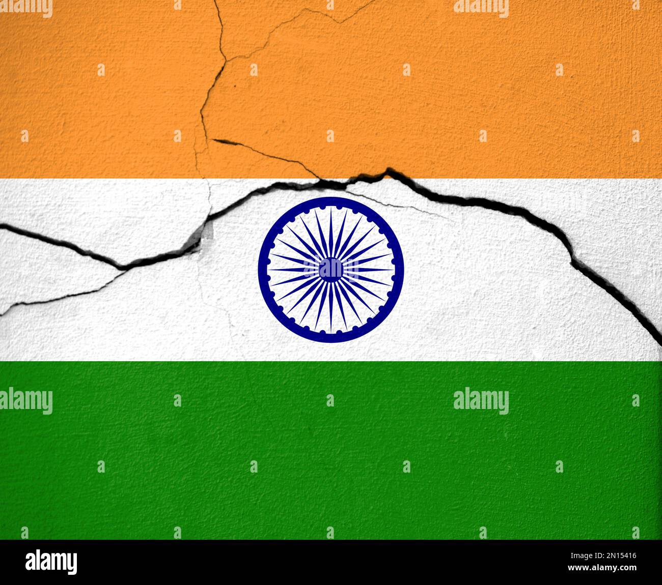 Earthquakes in India, flag El India on a wall with cracks from an ...
