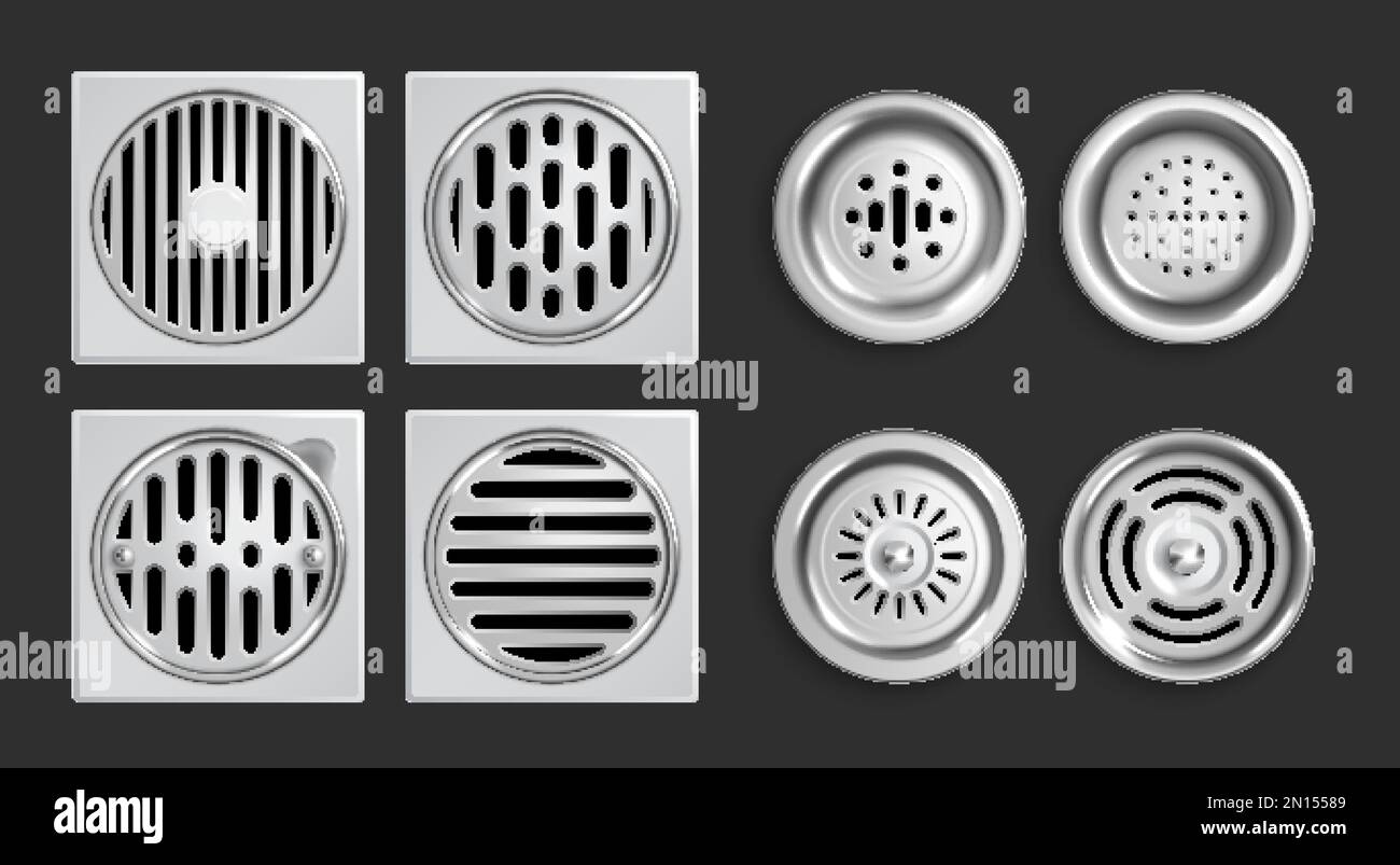 Realistic drainage grates icon set square and round drains with ...