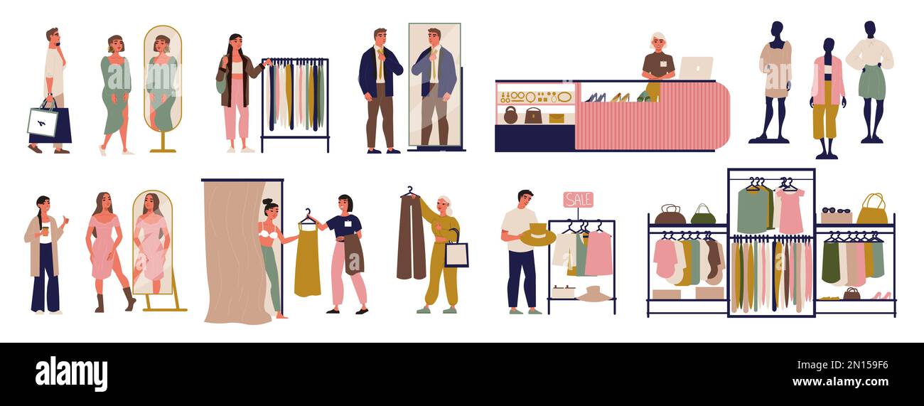 Fashionable boutique store set with clothes flat isolated vector ...