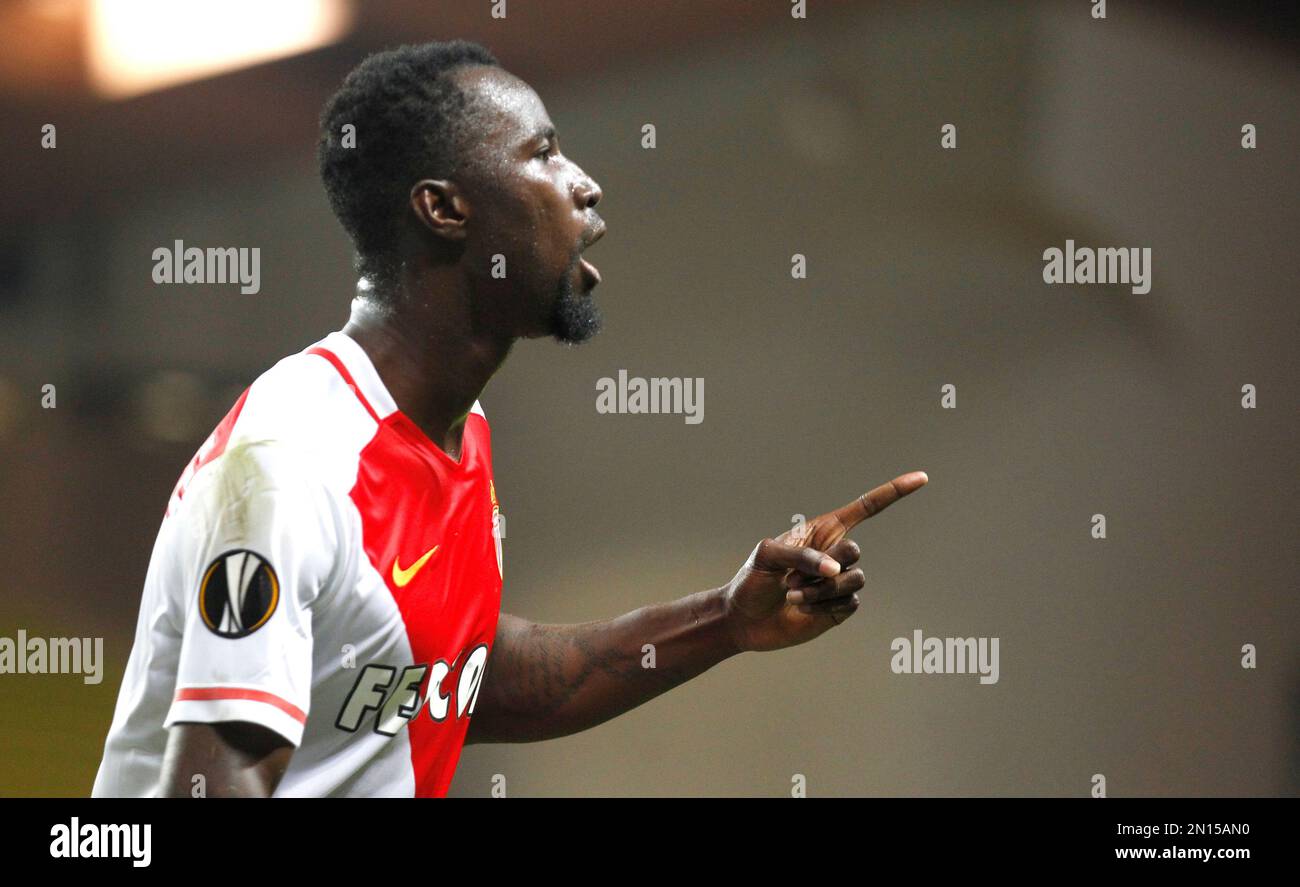 Monaco's Lacina Traore celerbates scoring the first goal against ...