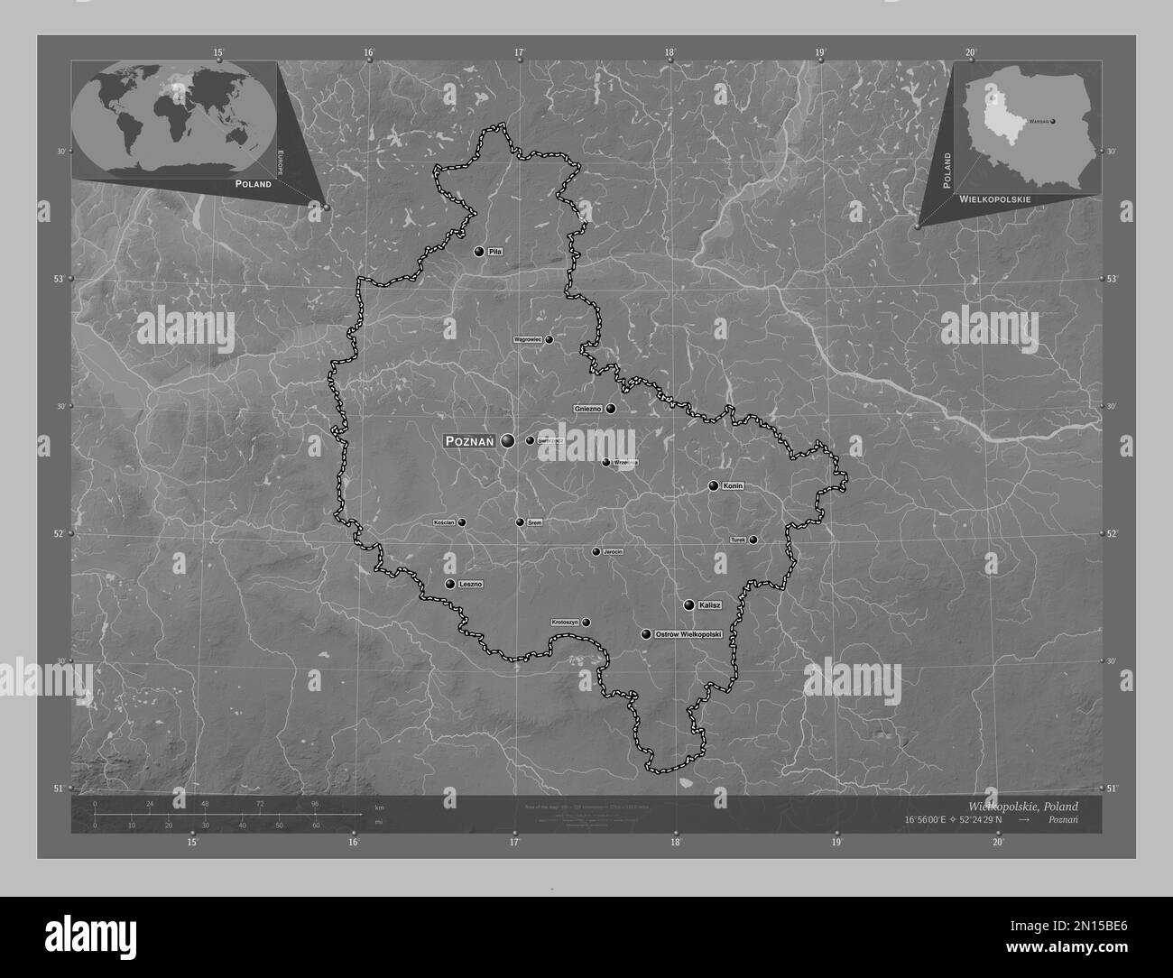 Wielkopolskie, voivodeship|province of Poland. Grayscale elevation map ...