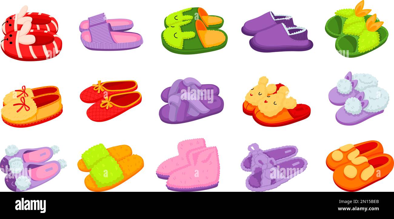 Set of soft fluffy house slippers of different color isolated on white ...