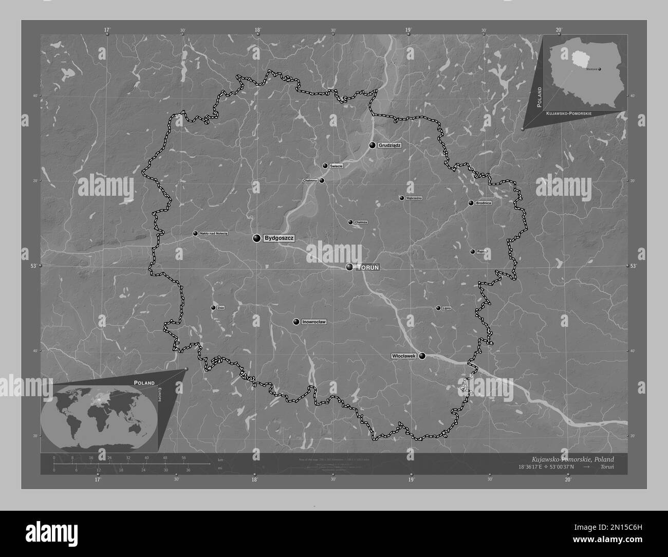 Kujawsko-Pomorskie, voivodeship|province of Poland. Grayscale elevation map with lakes and ...