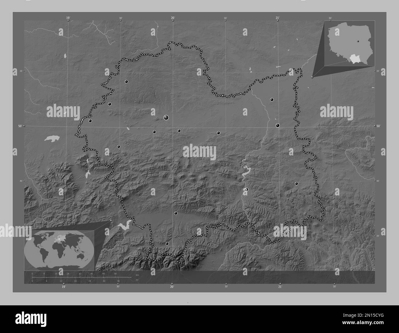 Malopolskie, voivodeship|province of Poland. Grayscale elevation map with lakes and rivers ...