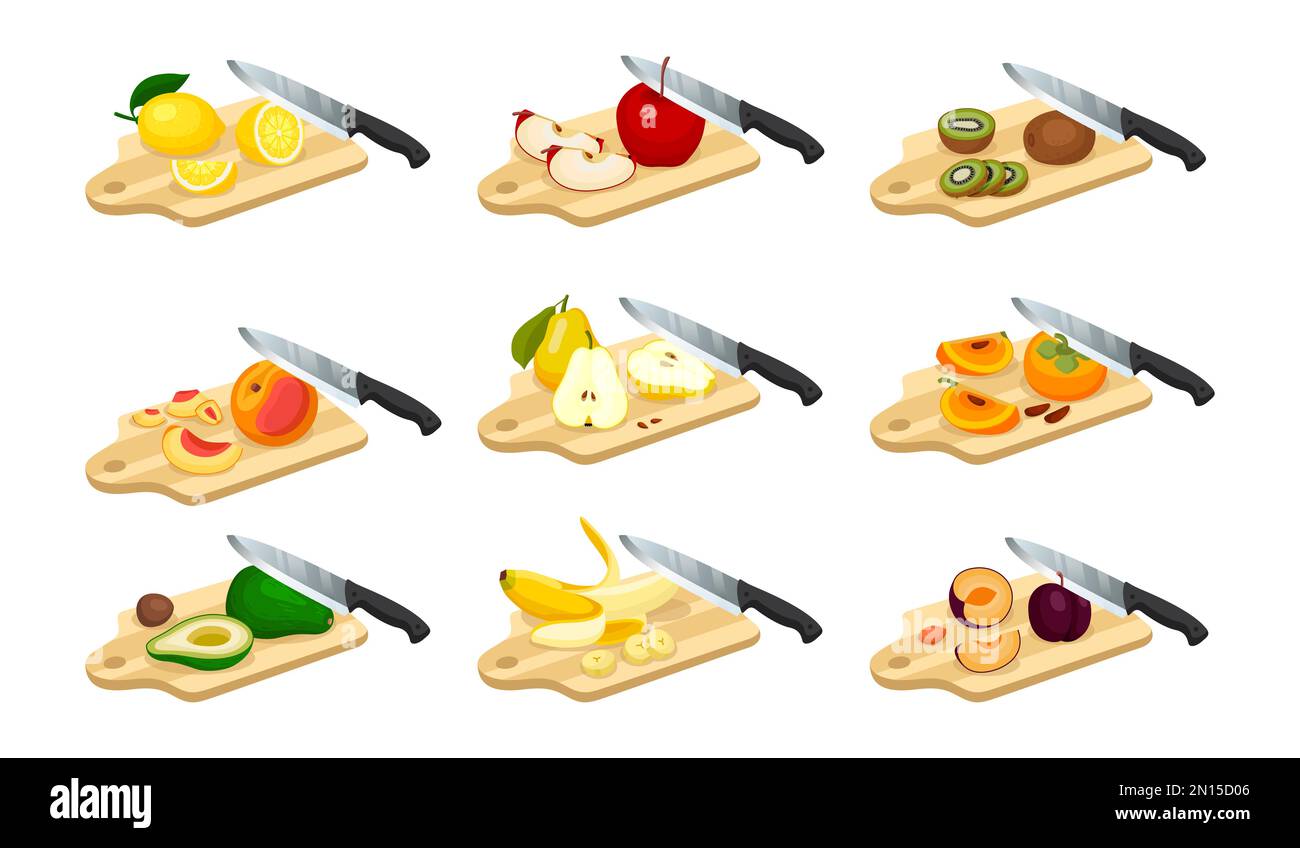 Flat set of sliced and whole fresh fruits with knives on cutting board ...