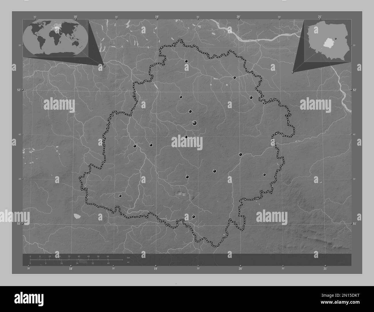 Lodzkie, voivodeship|province of Poland. Grayscale elevation map with lakes and rivers ...