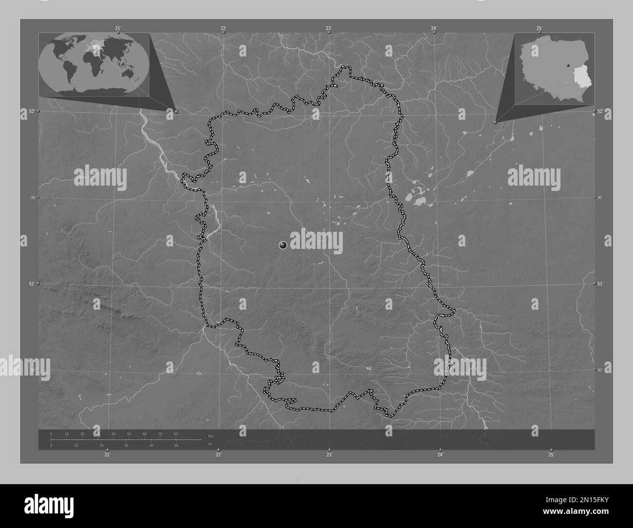 Lubelskie, voivodeship|province of Poland. Grayscale elevation map with lakes and rivers. Corner ...