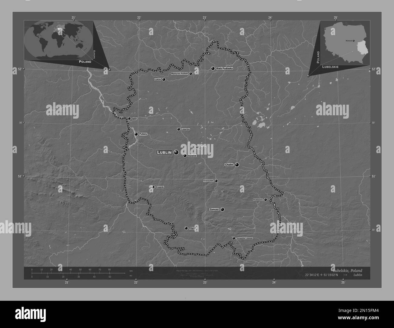 Lubelskie, voivodeship|province of Poland. Bilevel elevation map with ...