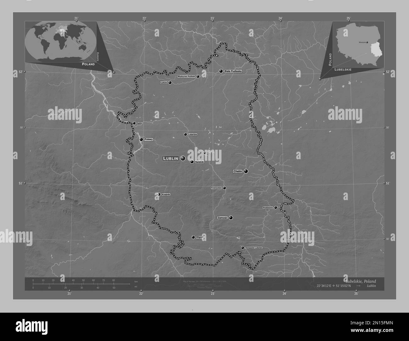 Lubelskie, voivodeship|province of Poland. Grayscale elevation map with ...