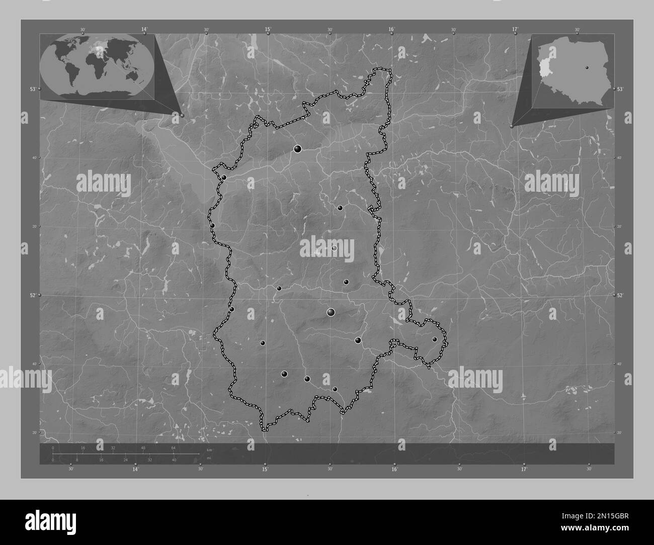 Lubuskie, voivodeship|province of Poland. Grayscale elevation map with lakes and rivers ...