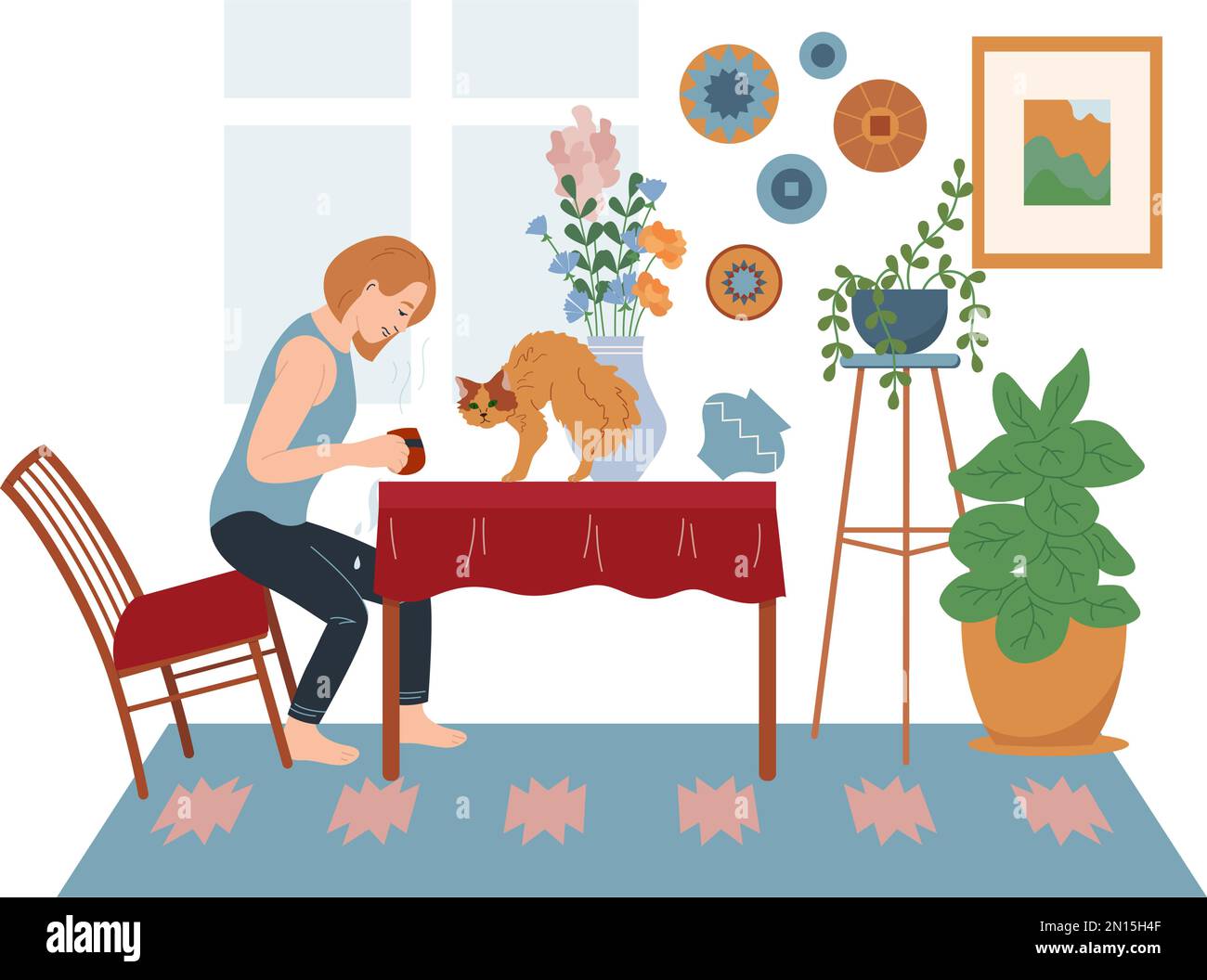 Household injuries flat composition with character of woman getting ...