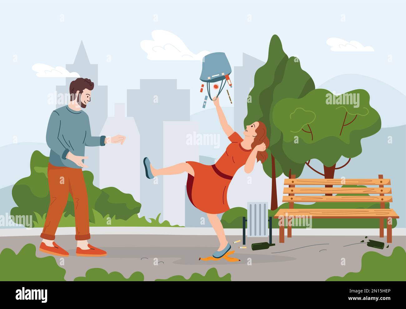 Household injuries flat composition with outdoor city park scenery and ...