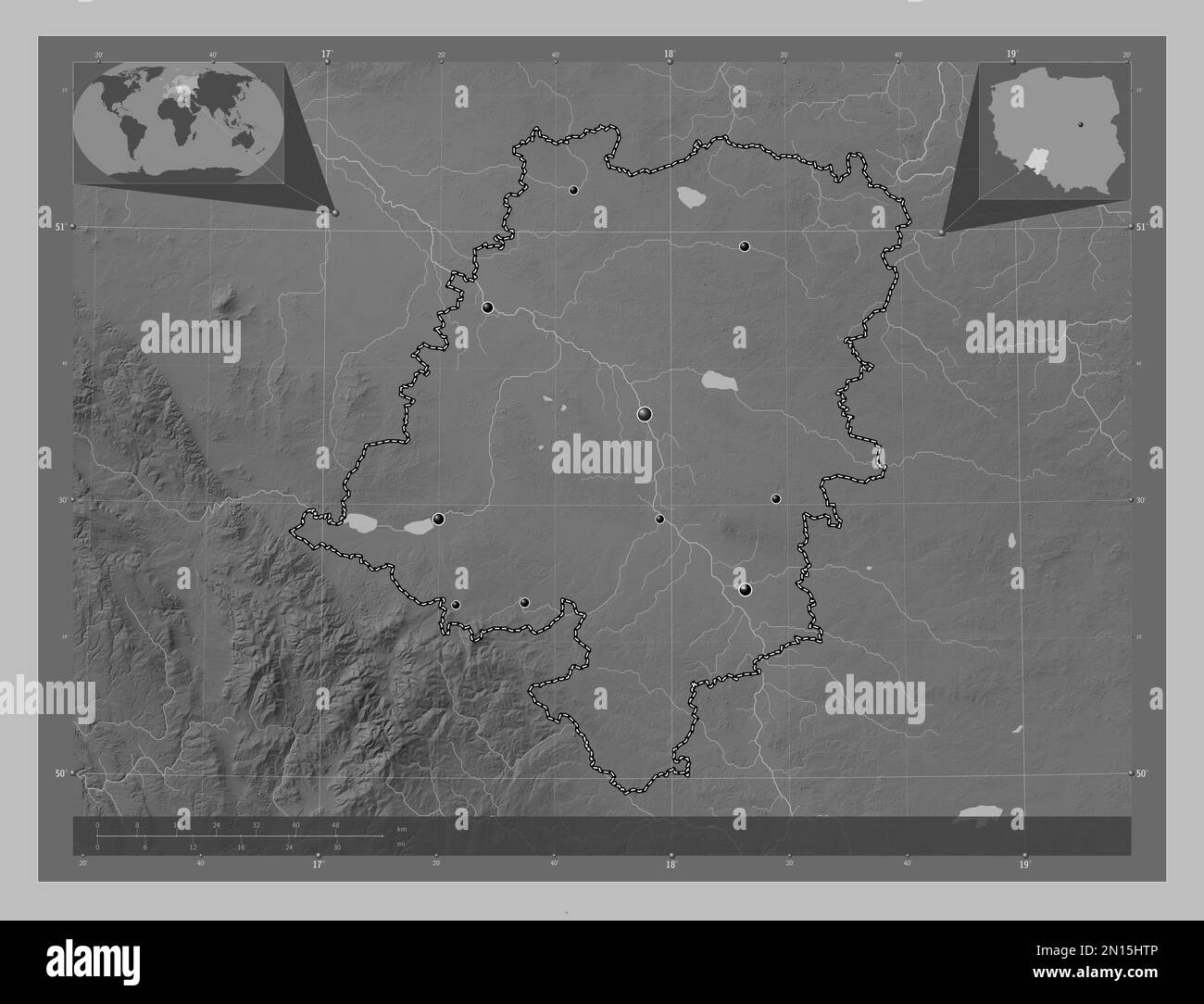 Opolskie, voivodeship|province of Poland. Grayscale elevation map with ...