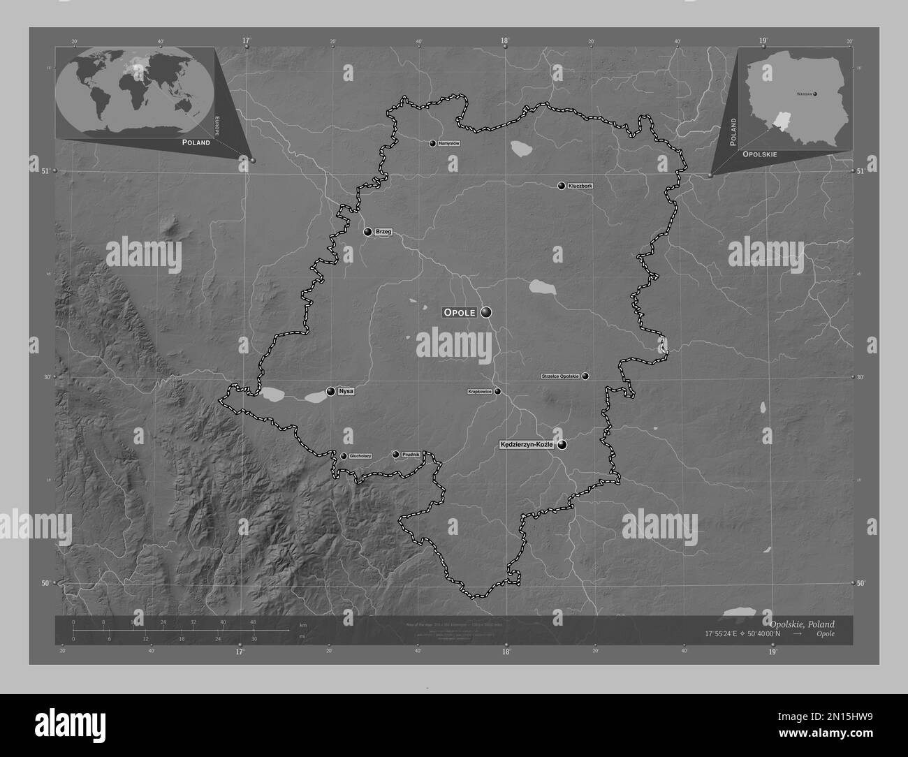 Opolskie, voivodeship|province of Poland. Grayscale elevation map with lakes and rivers ...