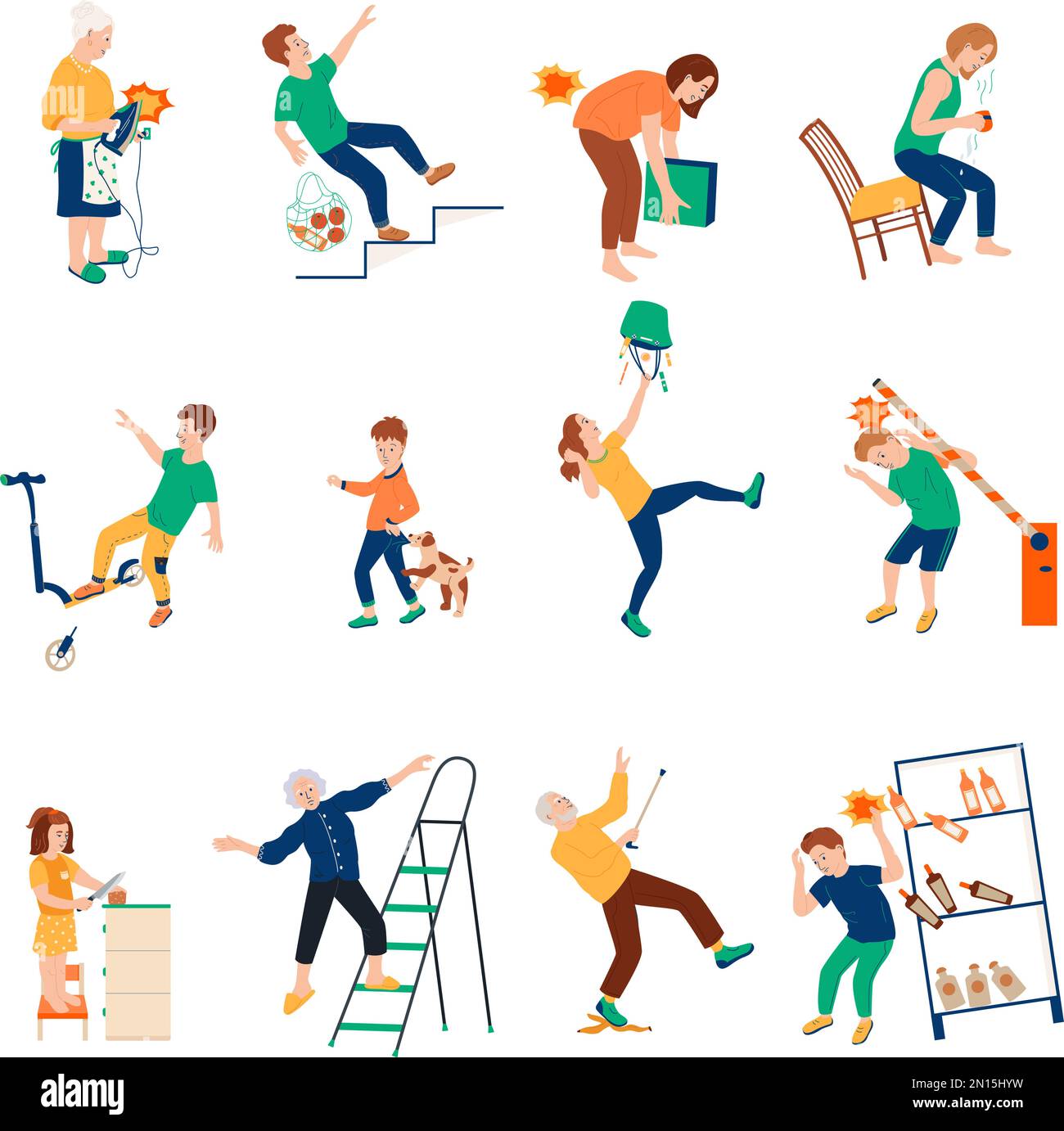 Household injuries flat set of isolated icons with characters of people ...