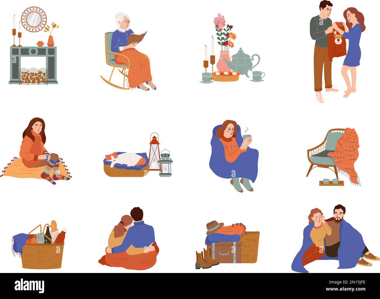 Hugge lifestyle set with flat isolated icons of interior elements warm ...