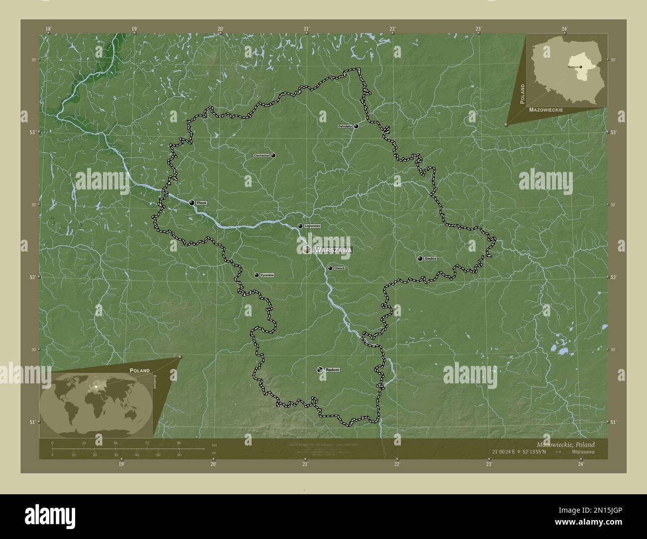 Mazowieckie, voivodeship|province of Poland. Elevation map colored in ...