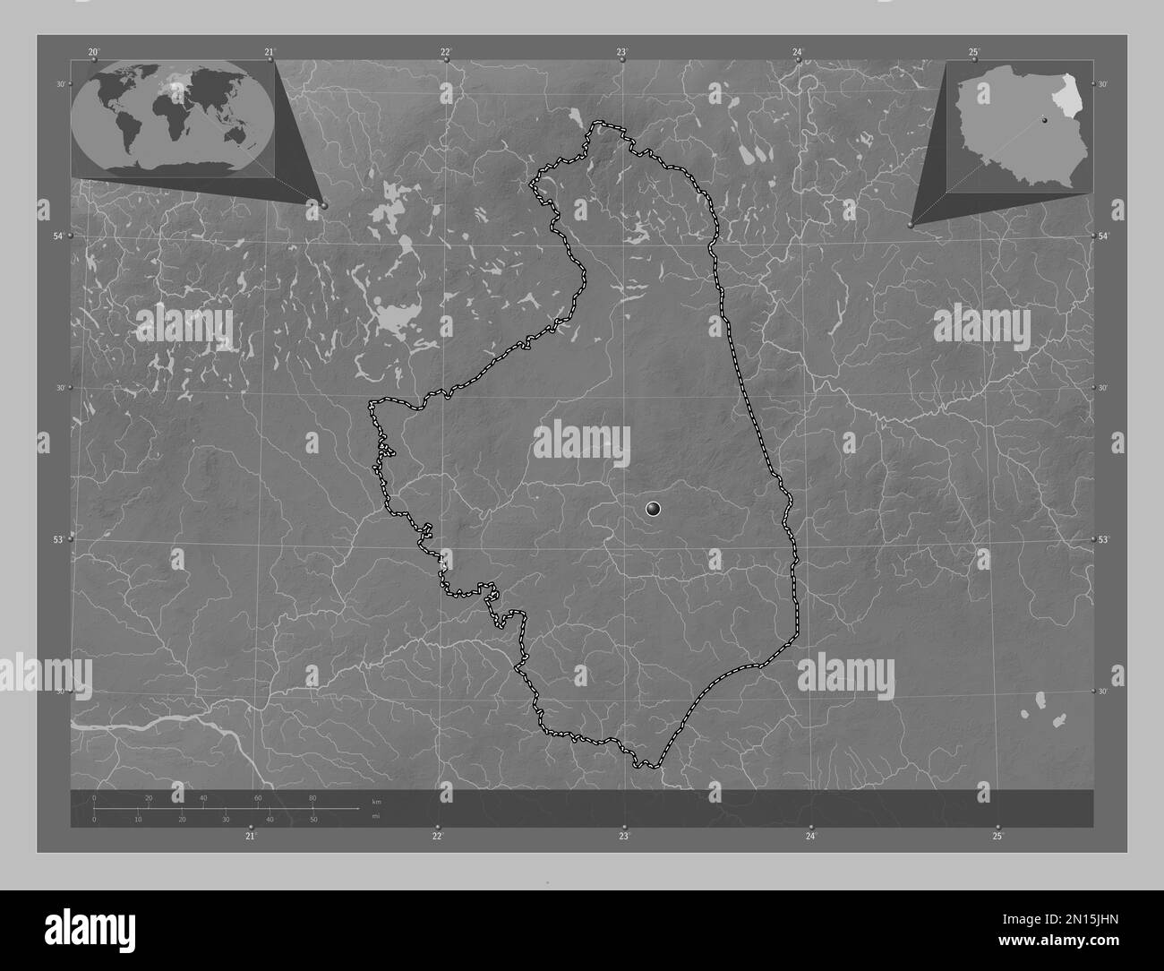 Podlaskie, voivodeship|province of Poland. Grayscale elevation map with lakes and rivers. Corner ...