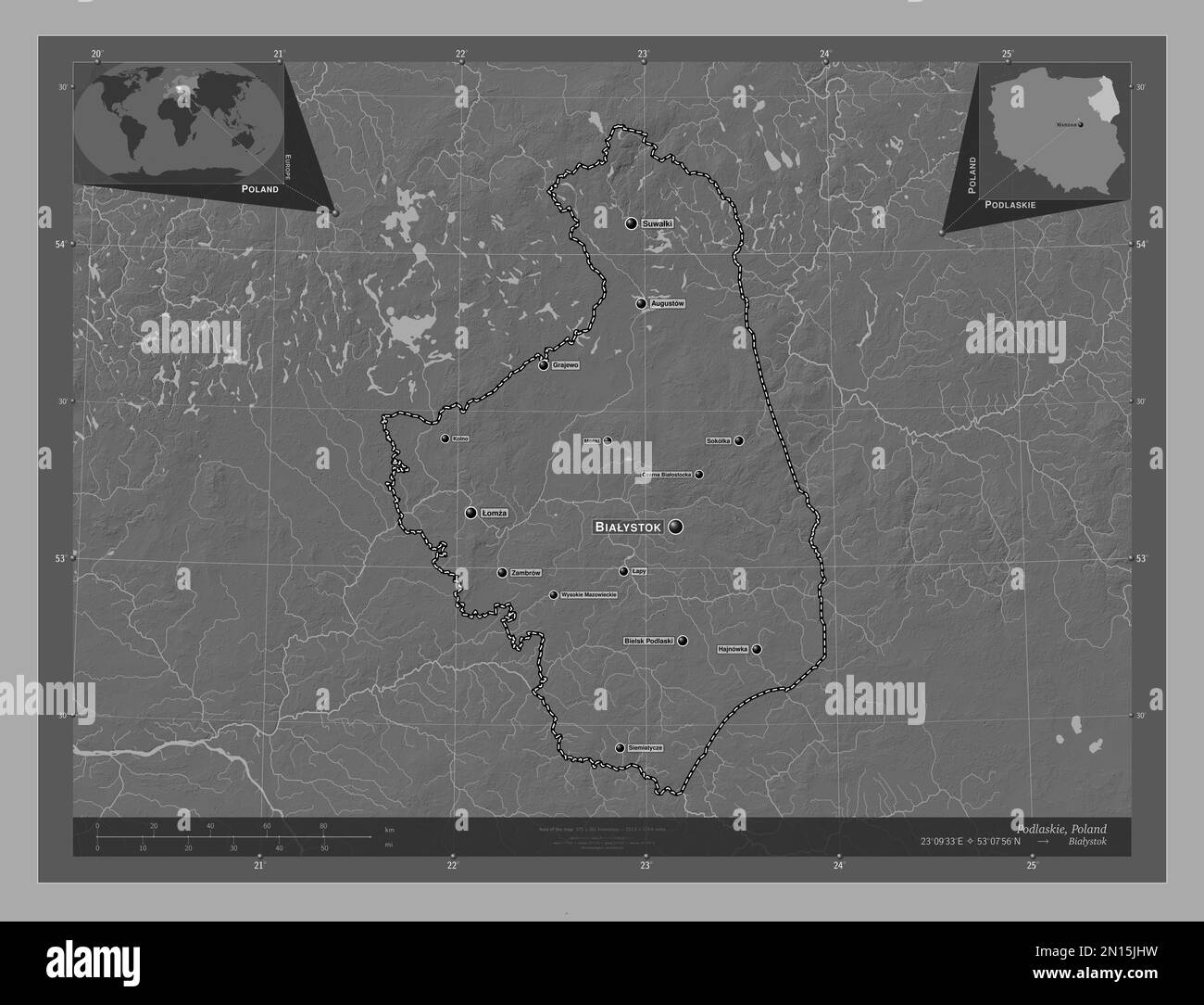Podlaskie, voivodeship|province of Poland. Bilevel elevation map with ...