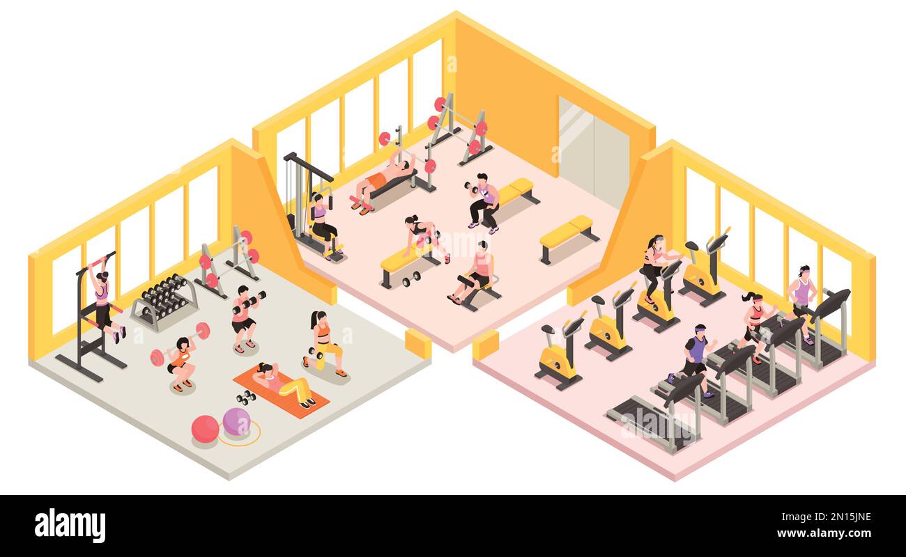 Isometric gym and fitness club concept with people training inside vector illustration Stock ...