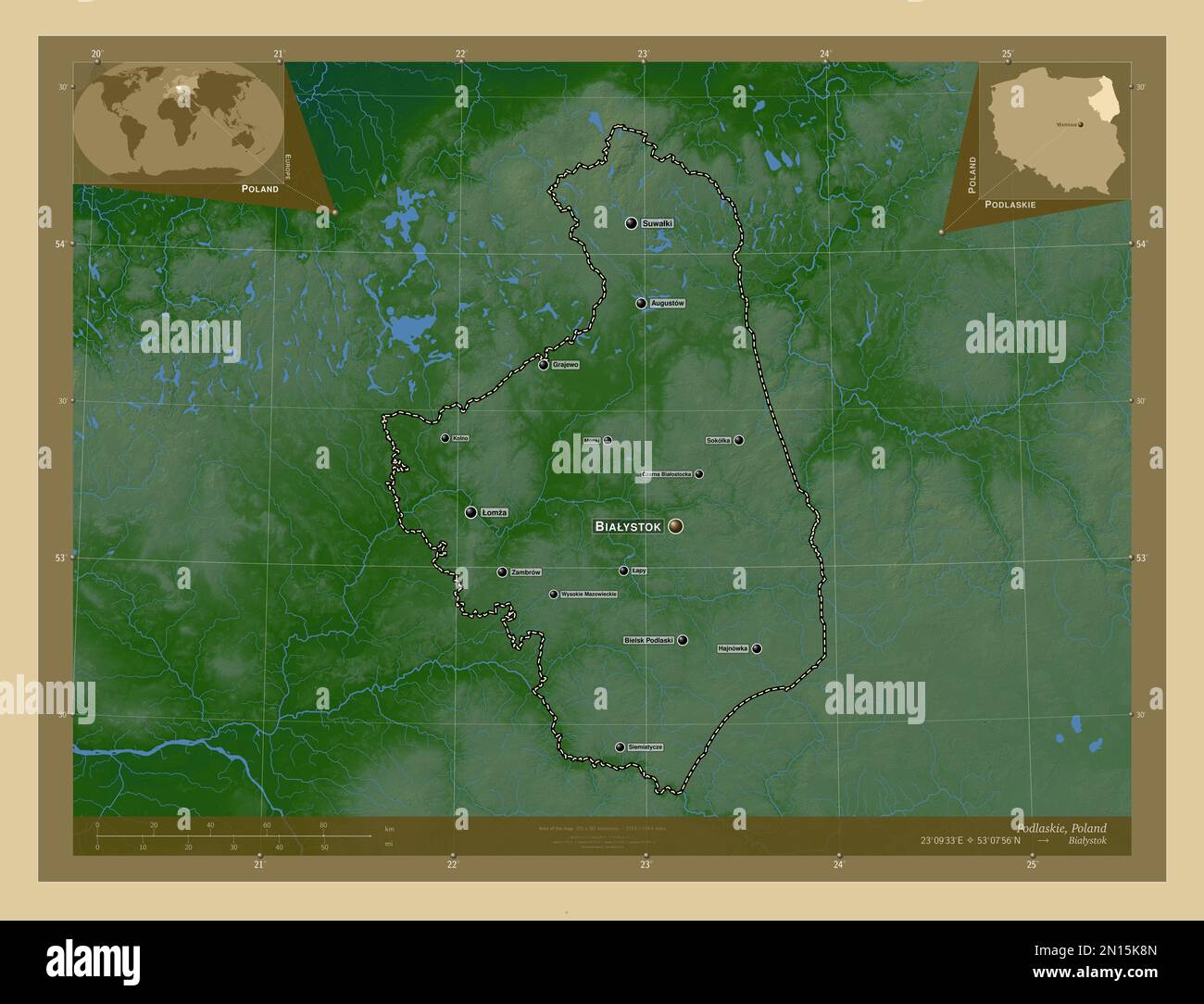 Podlaskie, voivodeship|province of Poland. Colored elevation map with lakes and rivers ...