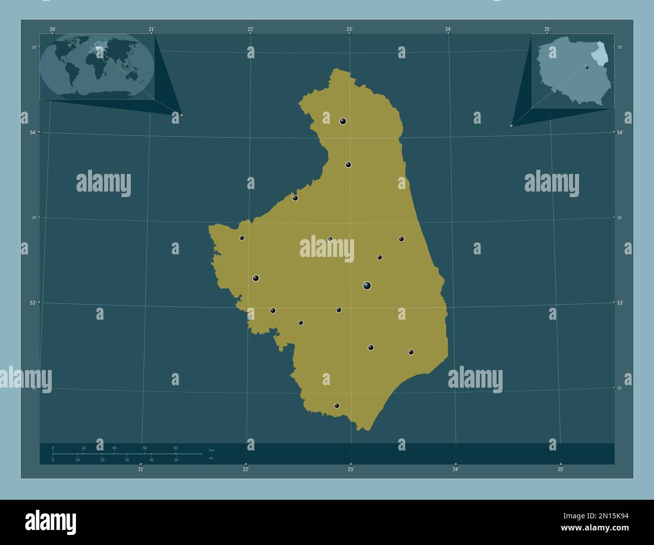 Podlaskie, voivodeship|province of Poland. Solid color shape. Locations ...
