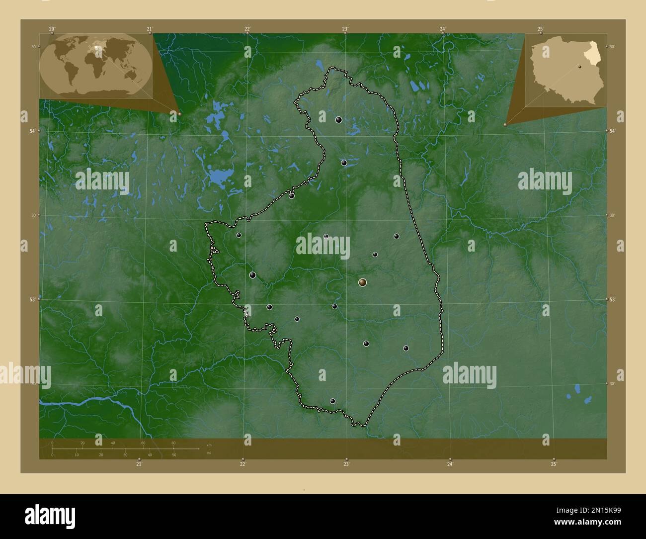 Podlaskie, voivodeship|province of Poland. Colored elevation map with ...