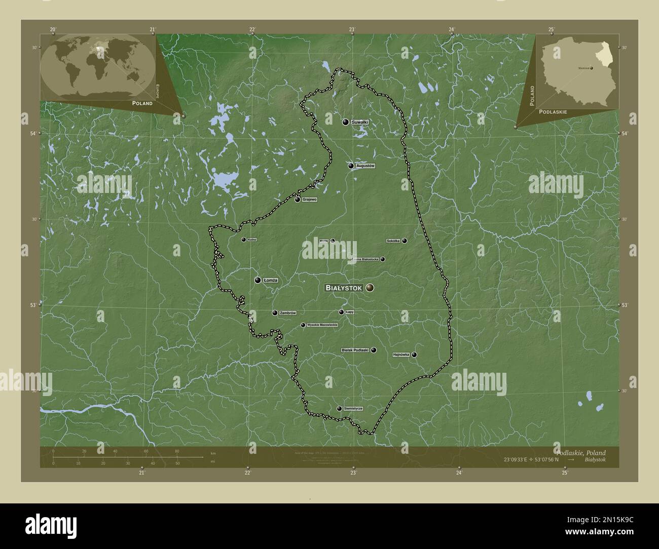 Podlaskie, voivodeship|province of Poland. Elevation map colored in ...