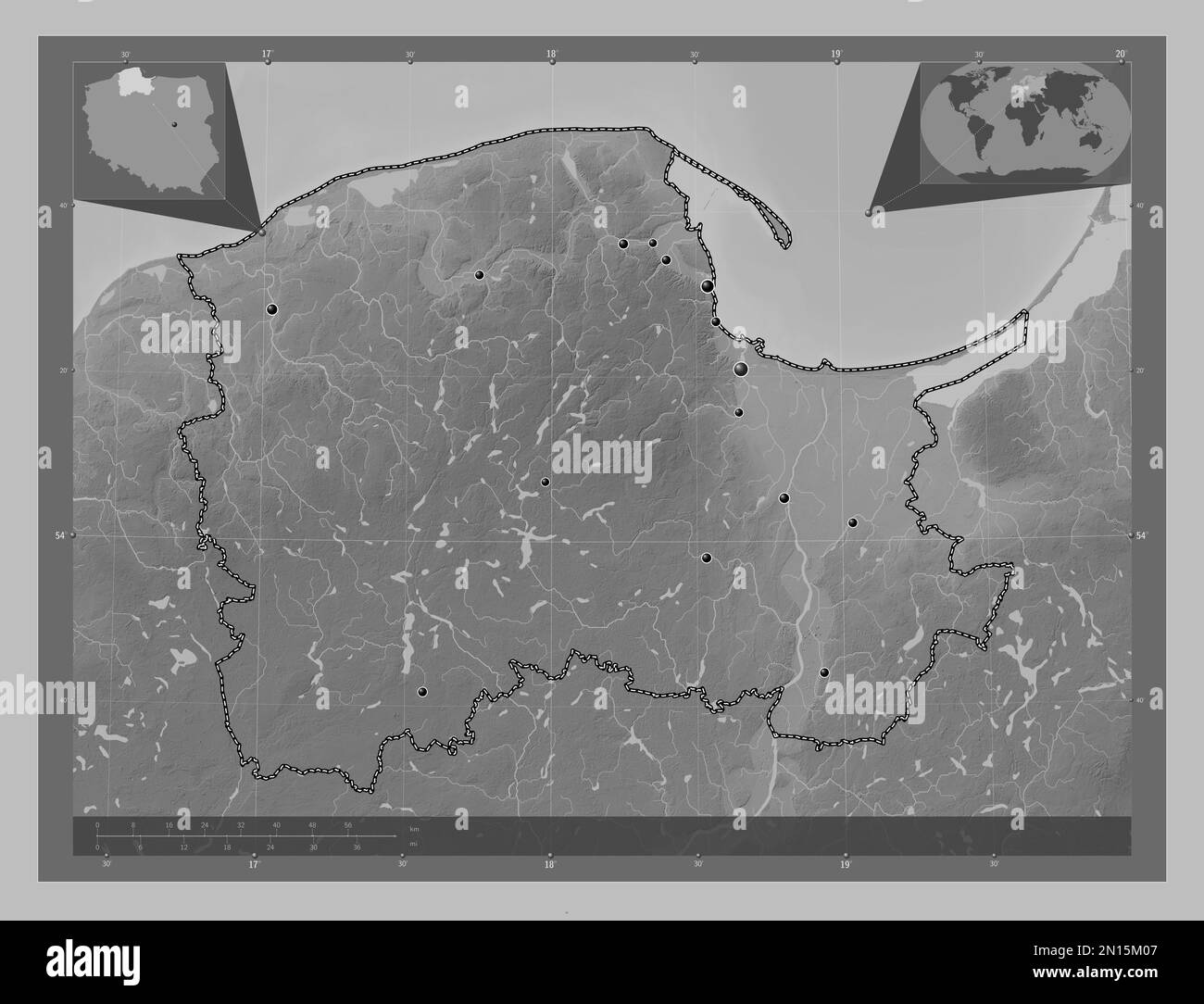 Pomorskie, voivodeship|province of Poland. Grayscale elevation map with ...
