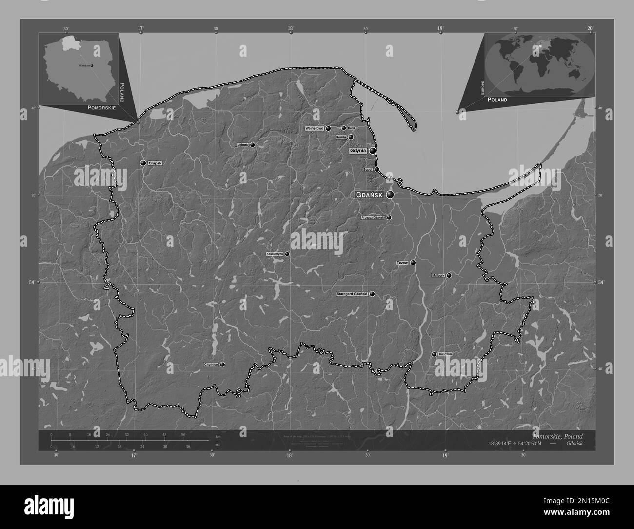 Pomorskie, voivodeship|province of Poland. Bilevel elevation map with ...