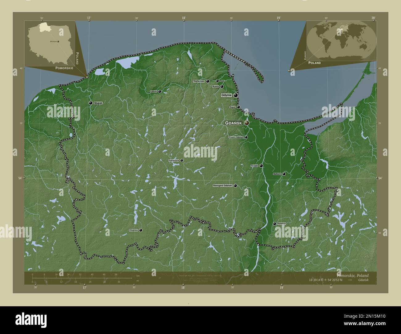 Pomorskie, voivodeship|province of Poland. Elevation map colored in ...